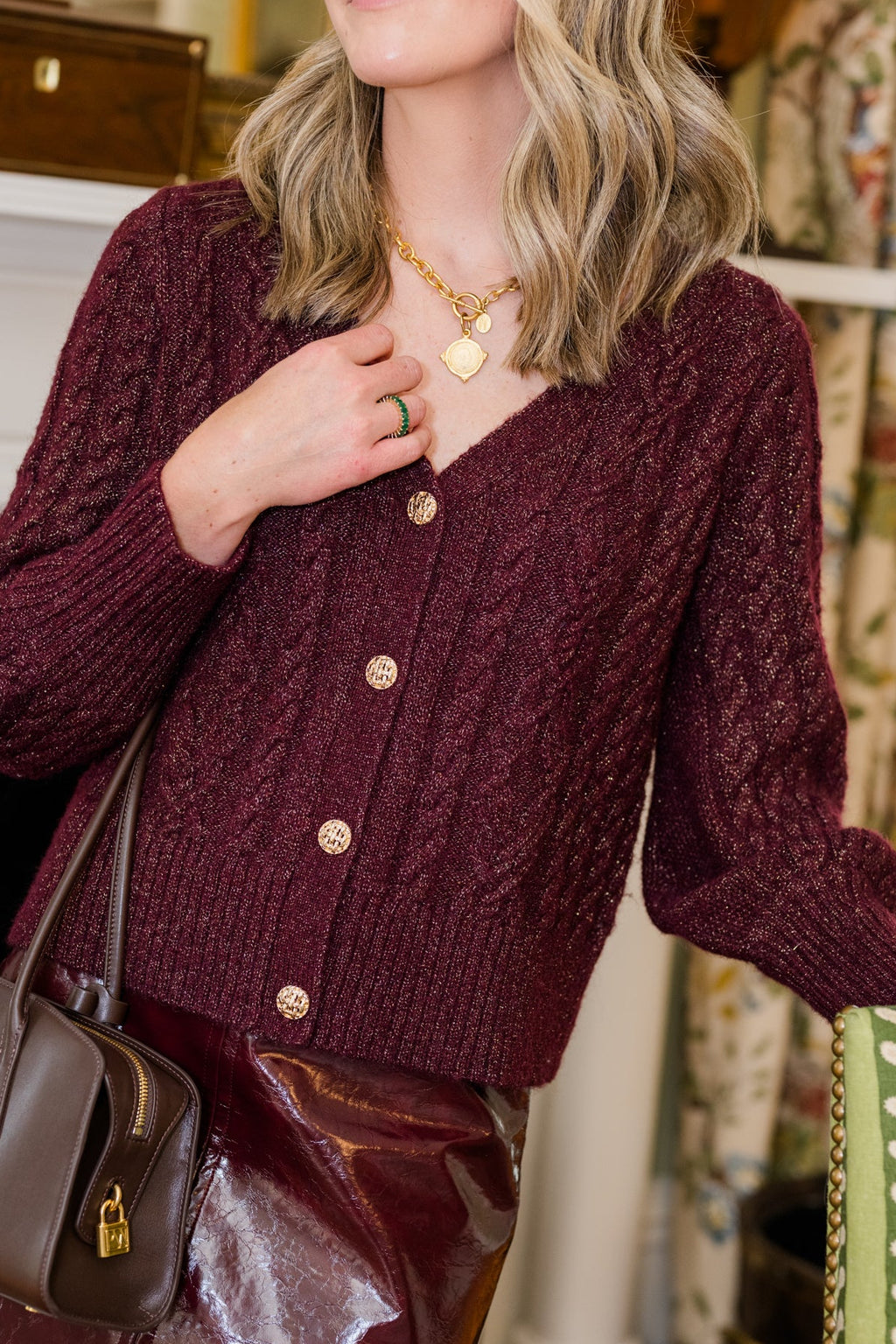 Women's Chloe Heirloom Cotton Cable Knit Cardigan in Cranberry Shimmer ...