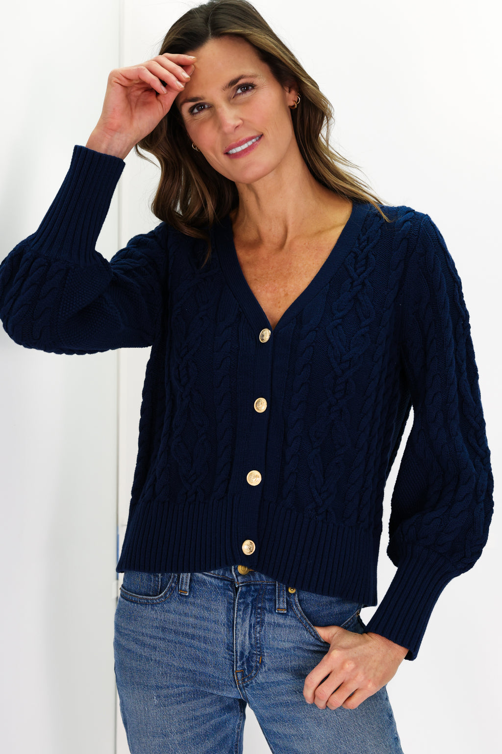 Navy Cotton Chloe Cable Knit Cardigan – Duffield Lane
