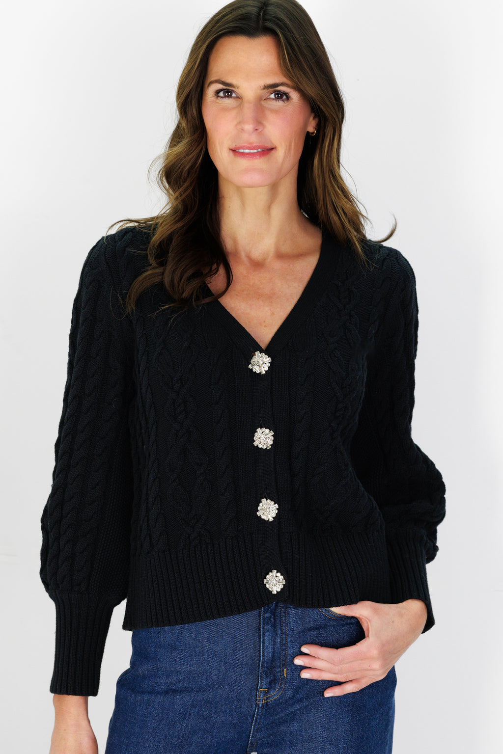 Women's Black Cotton Chloe Cable Knit Cardigan with Jewel Buttons ...