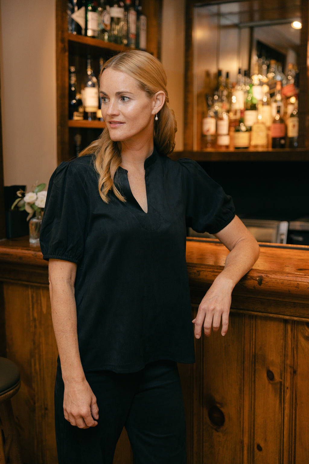 Suede Brooke Top in Black | V-Neck Stretch Suede Blouse – Duffield Lane