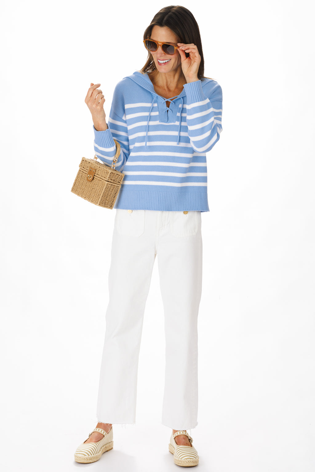 Women's Lace Up Beach Sweater in Light Blue with White Stripes ...