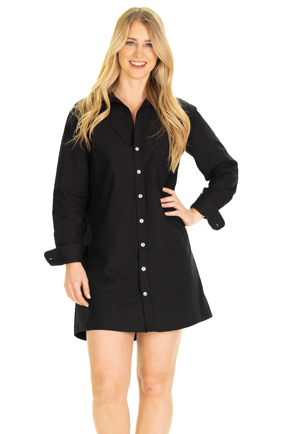 The Georgia Button Down Dress In Black Oxford – Duffield Lane